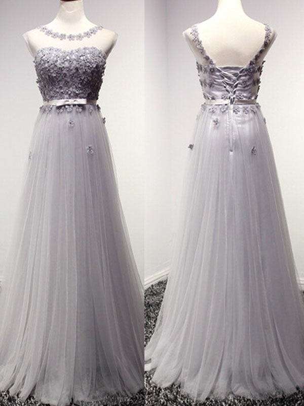 Long Custom Prom Dress, Grey Prom Dress, Prom Dress With Appliques ...