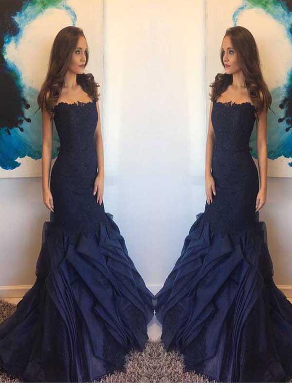 Long Custom Prom Dress, Strapless Prom Dress, Mermaid Navy Blue Prom ...