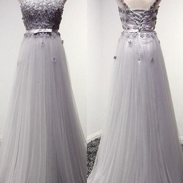 Long Custom Prom Dress, Grey Prom Dress, Prom Dress With Appliques ...