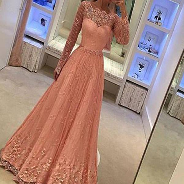 Coral Pink Prom Dress, Long Prom Dresses, Prom Dress With Long Sleeves ...