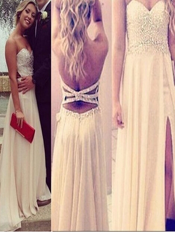 Long Custom Prom Dress, Beige Beading Long Prom Dresses, Straps Evening ...